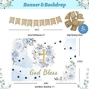 Fiesec Baptism Decorations for Boys, First Communion Christening Party Decorations God Bless Backdrop Balloon Garland Arch Linen Banner Poster Cake Cupcake Topper White Gold Blue