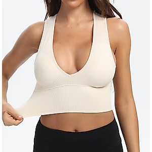 Venbond Women's Sexy Sleeveless Seamless Crop Top Deep Plunge V Neck Ribbed Tank Top with Removable Pads (Light Nude, M)