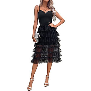 Floerns Women's Spaghetti Strap Sleeveless Ruffle Mesh Hem Midi Cami Dress Black M