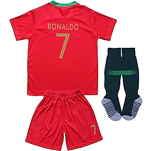 FPF 2018 Portugal #7 Home Red Cristiano Ronaldo Kids Soccer Football Jersey Gift Set Youth Sizes (Burgundy, 12-13 Years)