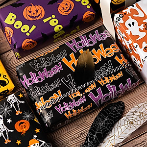 WRAPAHOLIC Wrapping Paper Sheet - Pumpkin and Black Cat Design, Perfect for Halloween, Holiday, Party - 1 Roll Contains 6 Sheets - 17.5 inch X 30 inch Per Sheet