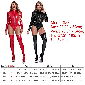 FYMNSI Women Latex Leather Glossy Wet-Look Tight Bodysuit Zipper Sexy Jumpsuit Bodycon Mini Dresses Faux Leather Teddy Leotard Party Clubwear with stockings Red- Long Sleeve Teddy with Stockings L