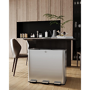 Garvee Trash Can, 15 Gallon Triple Compartment Stainless Steel Kitchen Trash Can for Recycling, 5+5+5 Gallon Plastic Inner Buckets and Quiet Close, Brushed, Airtight, Silver