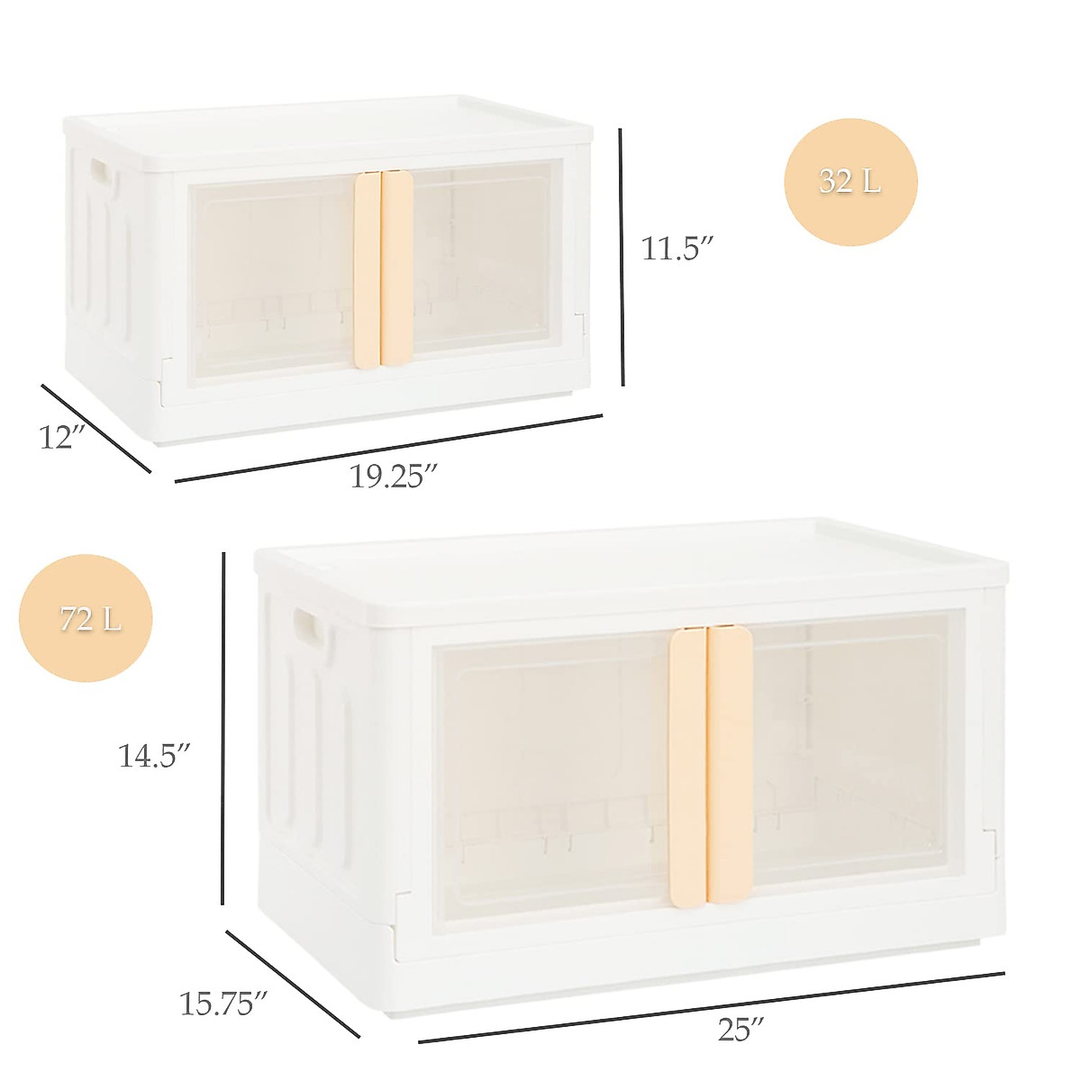 HANAMYA Folding and Stackable Container with Doors and Handles | Storage Container | Storage Organizer | Storage Totes | Trunk Organizer, 72 Liter, Set of 2, White&Cream Handle