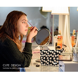 MOMOJULI Corduroy Makeup Bag Cosmestic Bag Large Capacity Ladies Women Aesthetic Make Up Organizer Accessories Zipper Pouch Purse （Beige+Black Flowers）