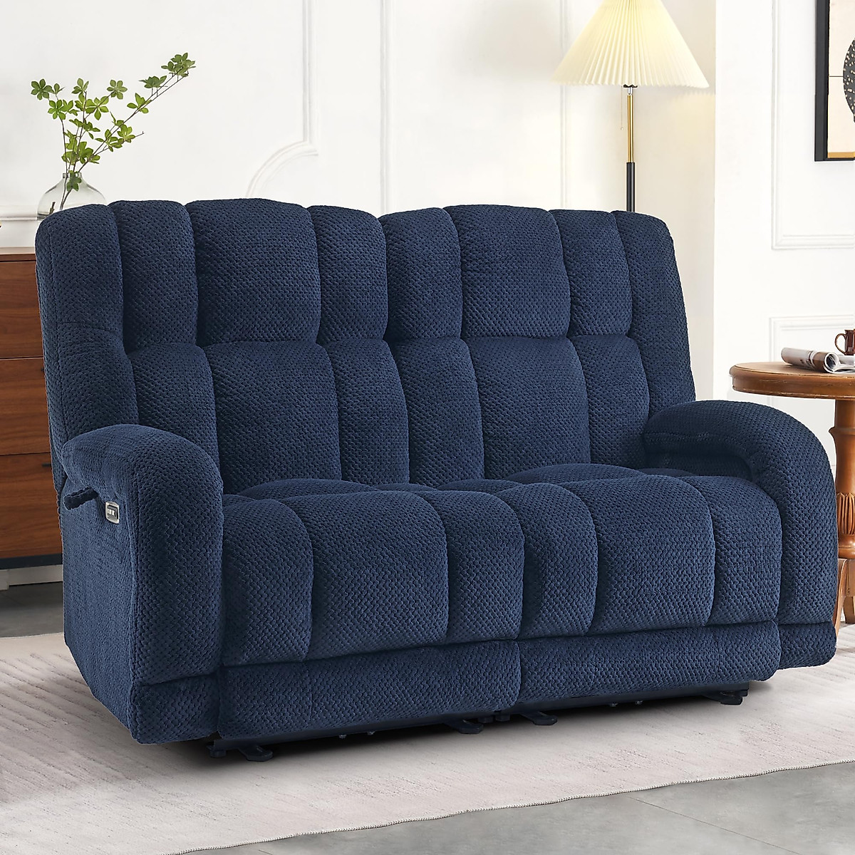 MCombo 64.6" Power Reclining Loveseat Sofa with Adjustable Headrest, Heat and Vibration, Fabric Electric Loveseat Recliner with USB Charge Ports for Living Room 6855 (Navy Blue)
