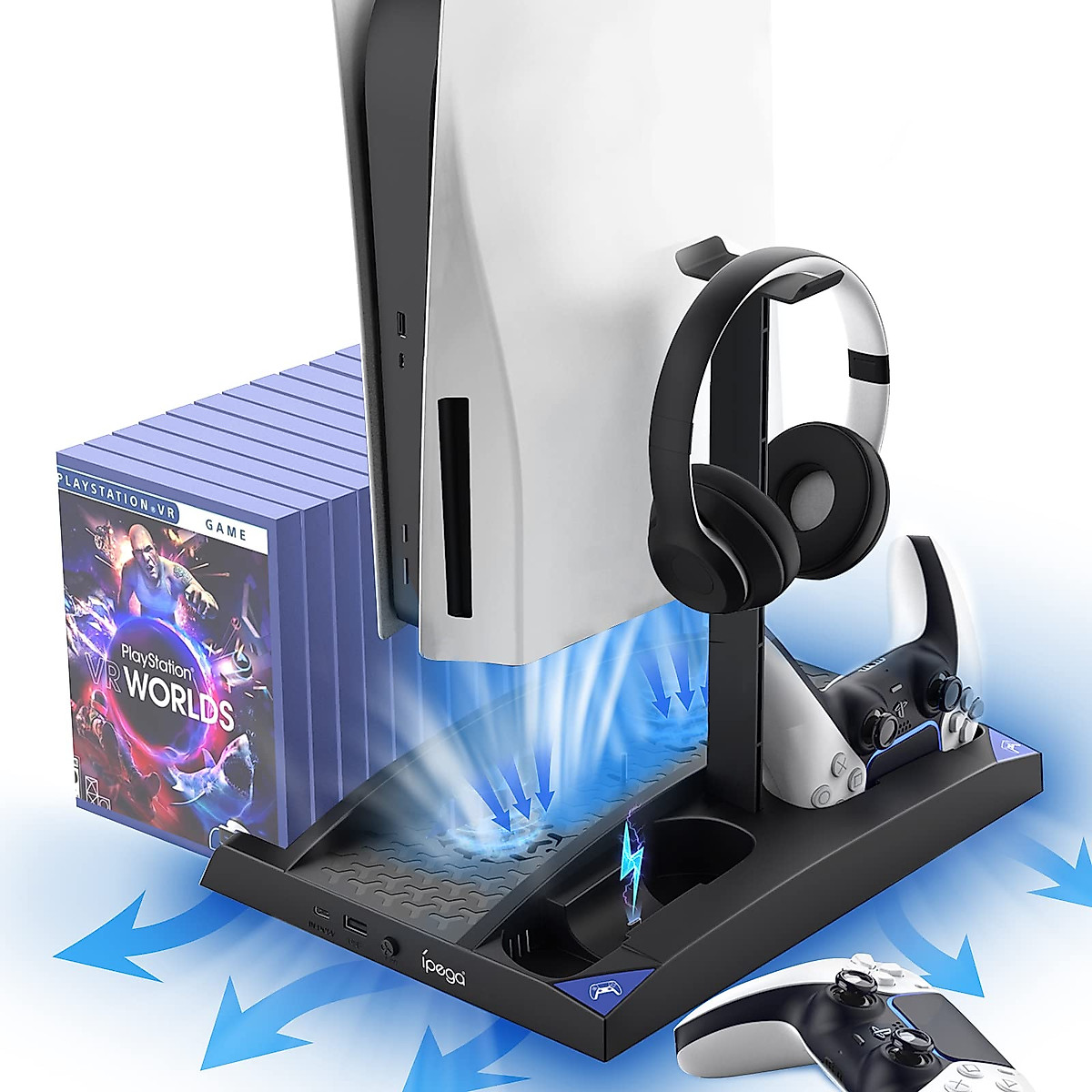 Goluodck PS5 Stand with Suction Cooling Fan and Dual Controller Charger Station for Playstation 5 PS5 Console, Suction Cooler Fan with Charging Dock Station and 12 Games Storage