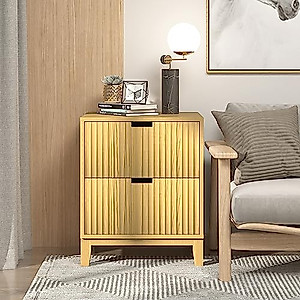 WiberWi Nightstand, Side Table, Farmhouse End Table with 2 Drawers and Open Storage, Bedside Table for Bedroom, Living Room and Small Spaces, Night Stand with Solid Wood Legs, Natural