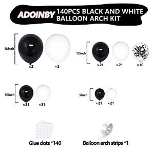 Black and White Balloon Arch Kit, ADOINBY 140Pcs Black and White Durable Latex Balloons 18 12 10 5 Inch Different Size Balloons for Birthday Anniversary Wedding Engagement Graduation Party Decorations