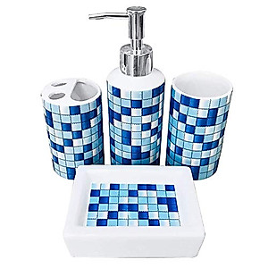 AUANIYAN Ceramic Bathroom Accessories Set, 4 Pieces Modern Design Bath Set Soap Dispenser,Toothbrush Holder, Tumbler,Soap Dish（Blue Mosaic）