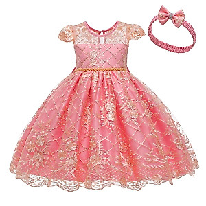 MYRISAM Baby Girls Birthday Wedding Party Dresses w/Headwear Princess Embroidery Bowknot Dress Christening Baptism Tutu Gown Pink 12-18M