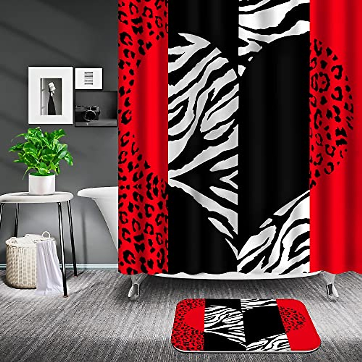 Poedist 4 Pcs Bathroom Shower Curtain Set,Red Leopard Print Shower Curtain Bright Style Shower Curtain Sets with Rugs(Bath Mat,U Shape and Toilet Lid Cover Mat) and 12 Hooks