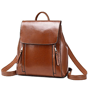 Iswee Vintage Waxy Leather Ladies Backpack Purses for Women Backpack Style Anti-theft Casual Daypack Shoulder Bag Fashion Bag (Brown)