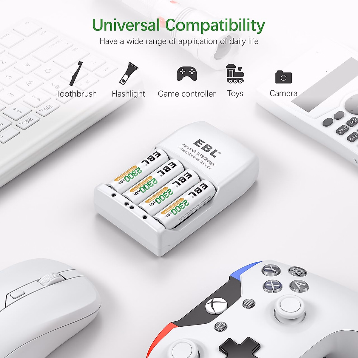 EBL AA Rechargeable Batteries 4 Pack, 2300mAh Ni-MH with Individual Cell Battery Charger - Rechargeable AA Batteries and 916 Charger Combo for Ni-MH/Ni-CD AA AAA Rechargeable Batteries