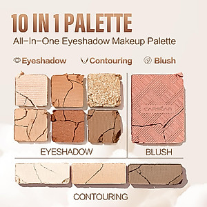 CARSLAN 10 In 1 Color Eyeshadow Palette, Matte, Shimmer, Glitter Pigment Eye Shadow Blush Makeup Pallete, Neutral Nudes Eye Makeup Palette with Mirror, 01.Coffee