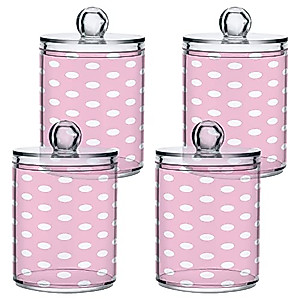 Kigai 2 Pack Apothecary Jars Polka Dot Pink Qtip Holder Organizer Clear Airtight Container for Cotton Swabs Food Storage 14oz Plastic Jars with Lids
