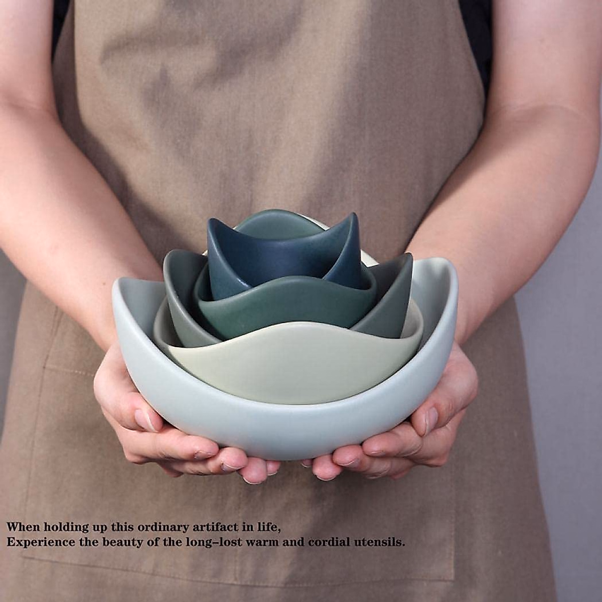 Set of 5 Lotus Ceramic Bowl Set, Decorative Porcelain Bowls Set for Salad, Oatmeal, Pasta, Fruit, Cereal, Soup, Rice, for Home Decor (Mint Green)