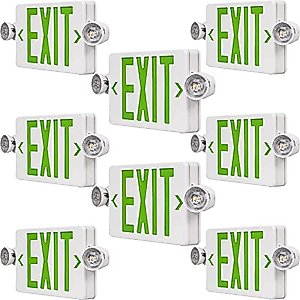 Green LED Exit Sign Emergency Light Combination Adjustable Two Heads and Battery Backup, US Standard Commercial Emergency Exit Lighting, Fire Resistant UL 924 AC 120/277V (8-Pack)