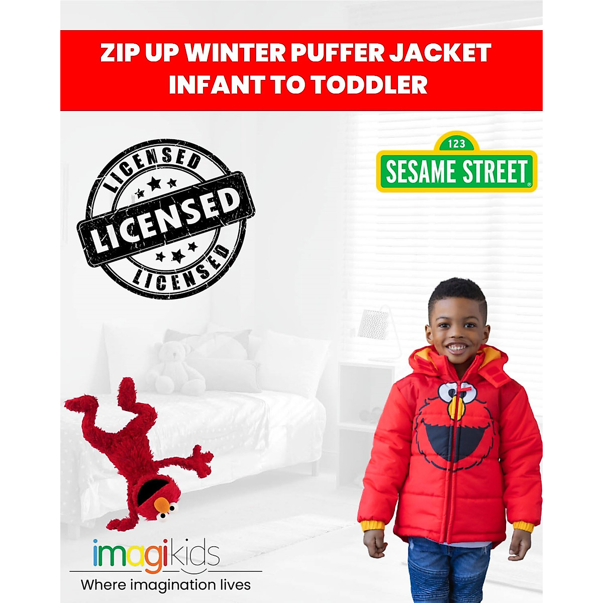 Sesame Street Elmo Infant Baby Boys Zip Up Fashion Winter Coat Puffer Jacket Red 24 Months