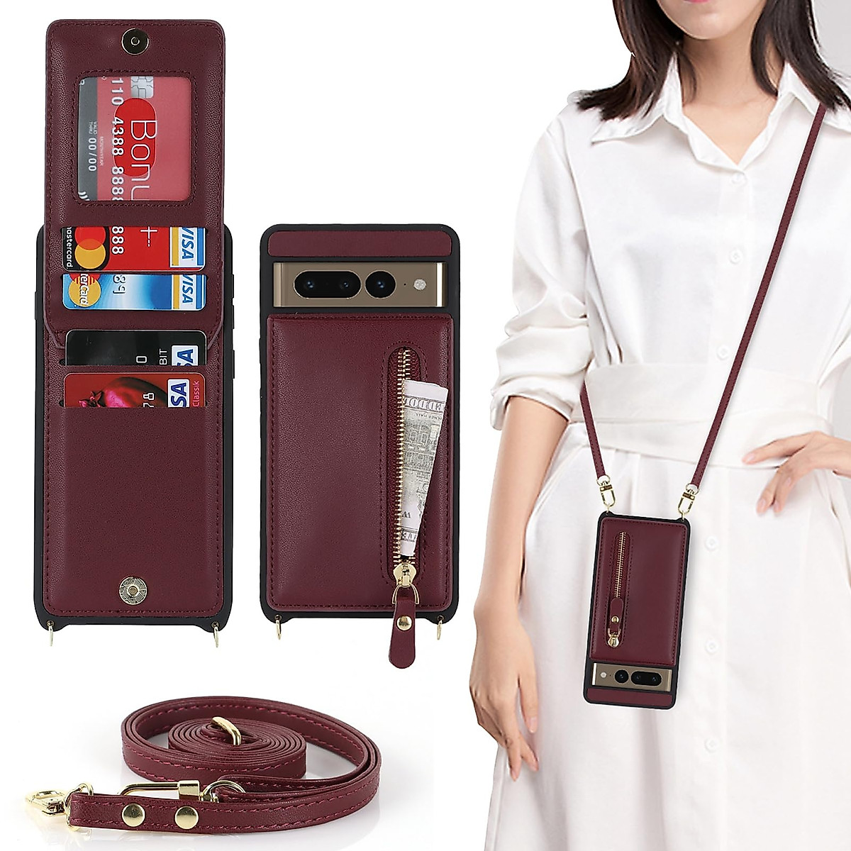 Jaorty Fit for Google Pixel 7 Pro Case for Women with Card Holder 6.7" 5G 2022,Pixel 7 Pro Phone Case with Strap,Crossbody Lanyard Cases with Credit Card Slots with Stand,Burgundy