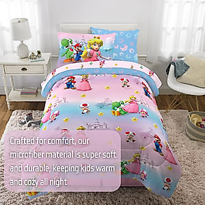 Franco Super Mario Girl Princess Peach Girl Gamer Kids Bedding Super Soft Comforter and Sheet Set with Sham, 5 Piece Twin Size, (Official Licensed Product)