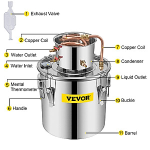 VEVOR Alcohol Still 9.6Gal/38L Alcohol Distiller Stainless Steel Distillery Kit for Alcohol with Copper Tube & Pump Home Brewing Kit Build-in Thermometer for DIY Whisky Wine Brandy