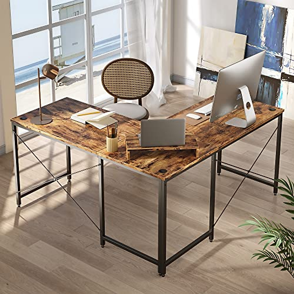 Bestier L Shaped Desk 95.2 Inch 2 Person Long Desk or Reversible Corner Computer Desk for Home Office Large Craft Table U Shaped Gaming Workstation with Monitor Stand & 3 Cable Holes, Rustic Brown