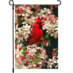 Eiyikof Cardinal Red Birds Floral Spring Garden Flag Summer Small Yard Flags, Vertical Double Sided Rustic Farmland Burlap Farm Lawn Outdoor Decorations 12.5x18 Inch