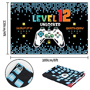 HAMIGAR 6x4ft Happy 12th Birthday Baner Backdrop - Level 12 Unlocked Birthday Decorations Party Supplies for Boys - Blue
