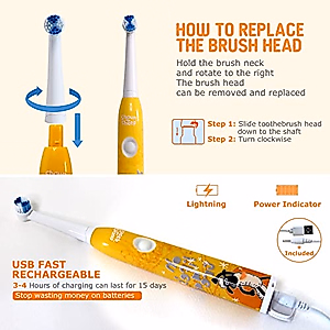 SAIPOTOYS Kids Electric Toothbrush with Timer,Shaun The Sheep Kids Electric Toothbrush w/Sensitive Brush Head,Built in 2-min Auto-Timer,IPX7 Waterproof, Automatic Toothbrush for Kids 3+ (Yellow)