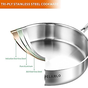 DELARLO Whole Body Tri-Ply Stainless Steel Sauté Pan with lid, 6 Quarts Saute Pan, 12 Inch Deep Frying Pan, Large Skillet Cooking Pan Induction Compatible Chef Pan, Dishwasher & Oven Safe