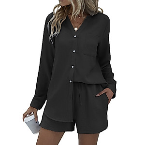 Ekouaer 2 Piece Sets for Women Summer Outfits Shorts Button Up Shirt Outfit Sets V Neck Sweat Suits Tracksuit Black,Medium