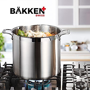 Stockpot – 24 Quart – Brushed Stainless Steel – Heavy Duty Induction Pot with Lid and Riveted Handles – For Soup, Seafood, Stock, Canning and for Catering for Large Groups and Events by BAKKEN