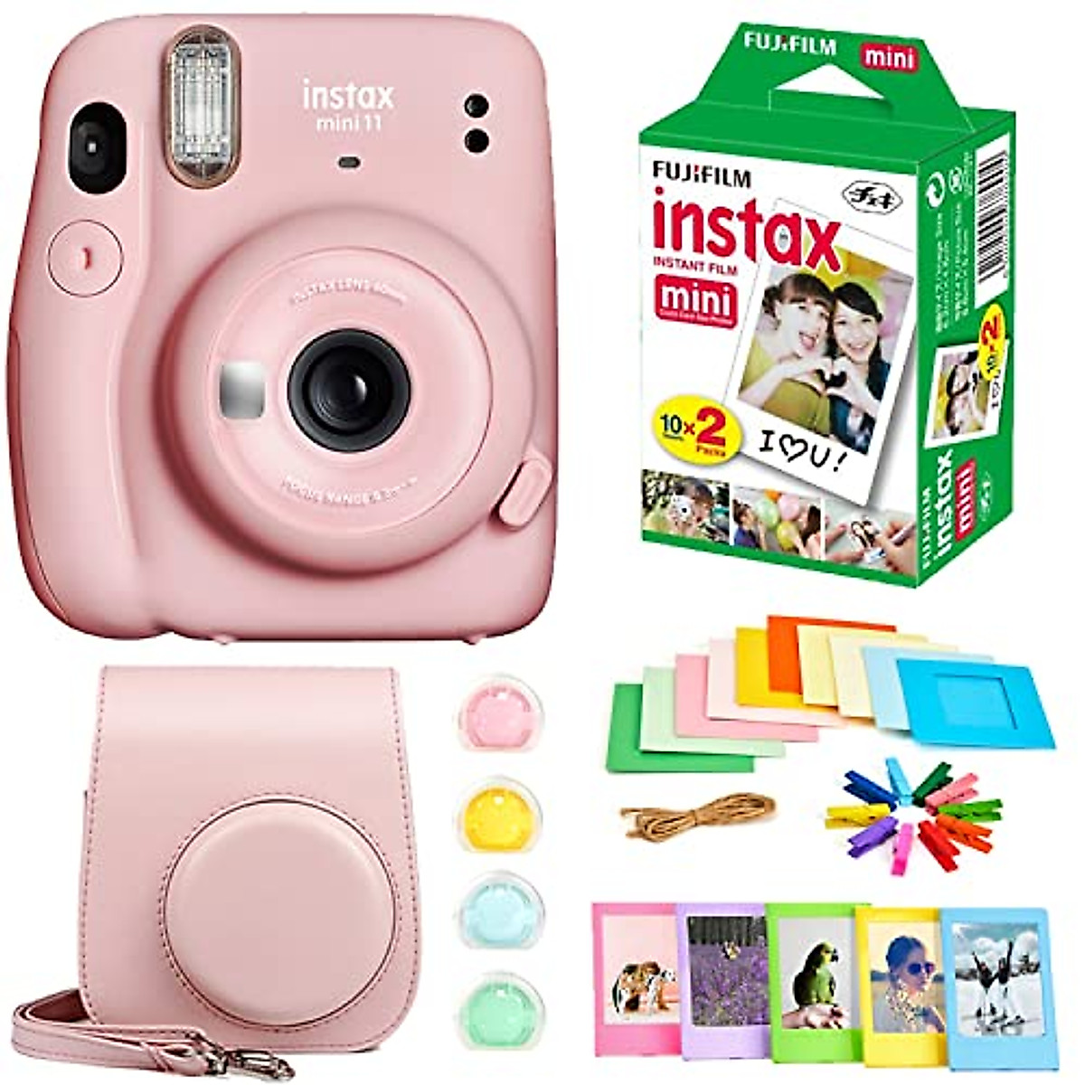 Fujifilm Instax Mini 11 Instant Camera + Instax Mini Twin Pack Film + Hanging Frames + Plastic Frames + Case + Close Up Filters - All Inclusive Bundle! (Blush Pink)