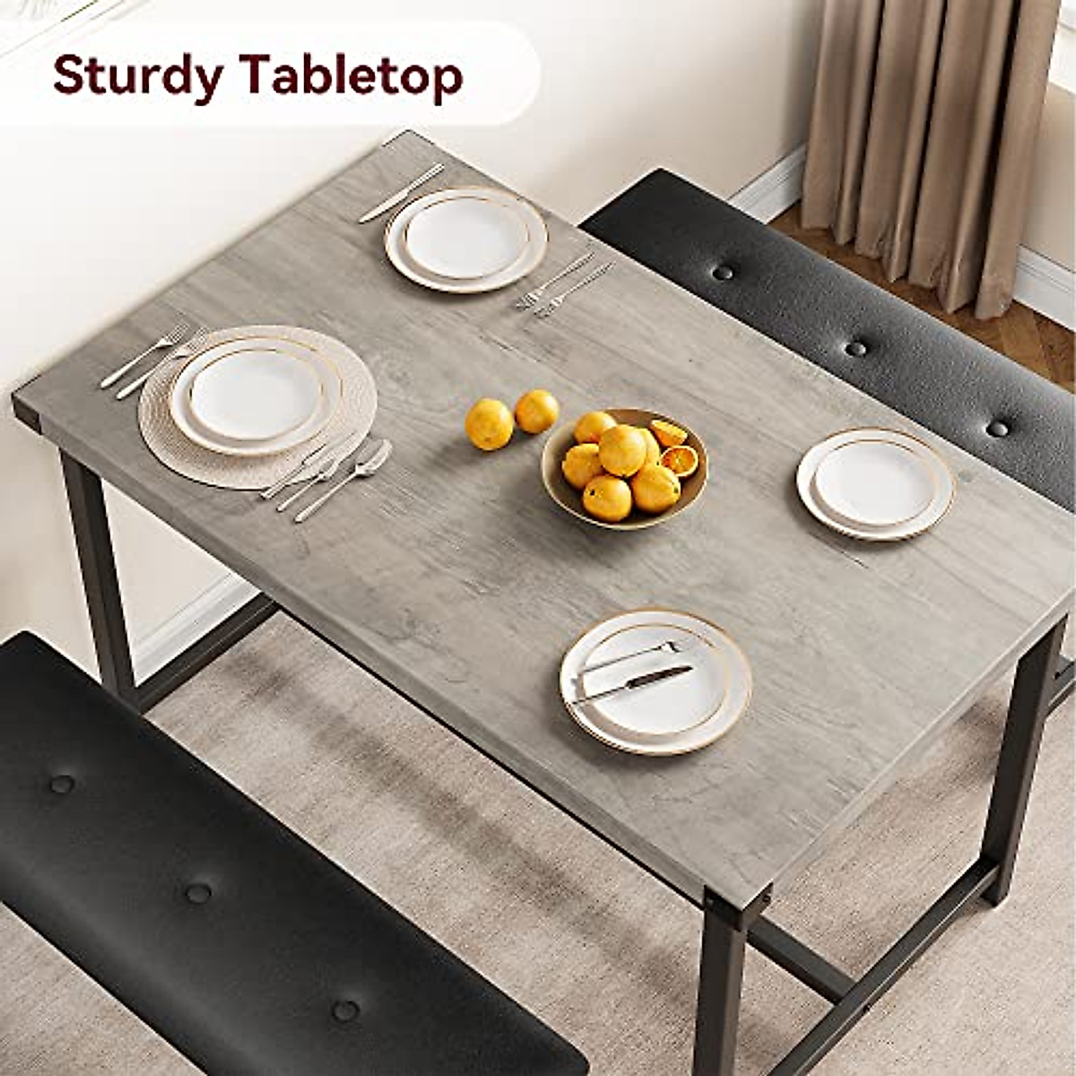IDEALHOUSE Dining Table Set for 4, Kitchen Table with Benches, Rectangular Dining Room Table Set with 2 Upholstered Benches, 3 Piece Dining Table Set for Small Space, Apartment, Studio, Retro Gray