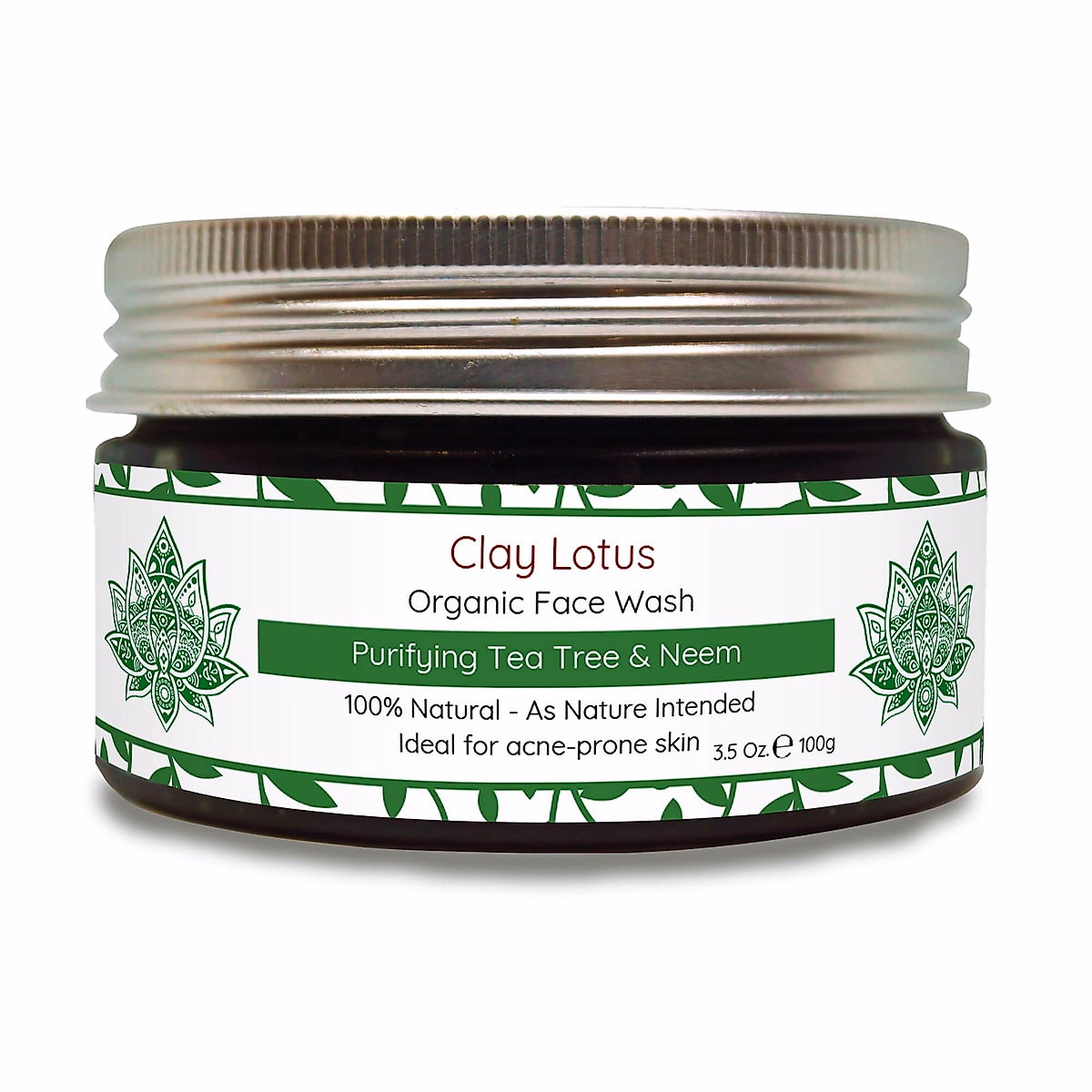 Clay Lotus Organic Face Wash - Acne-Prone, Oily Skin Cleanser with Tea Tree Oil & Neem. All-Natural Ingredients for Blemishes, Redness & Blackheads, Vegan Formula For Teens, Women and Men