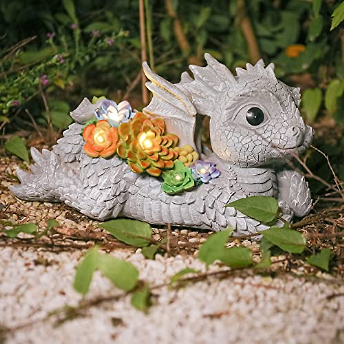 Ovewios Garden Dragon Statue Outdoor Decor, Dragon Garden Sculpture Waterproof Solar LED Lights Resin Succulent Decorations for Outside Lawn Patio Patio Yard Ornament Gifts