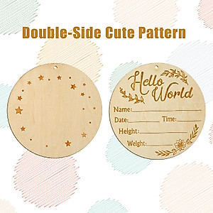 Baby Announcement Sign, 5.9 Inch Double Side Wooden Hello World Newborn Sign Baby Birth Announcement Sign Round Name Plaque with Ink Pad for Hospital Baby Nursery Photo Props