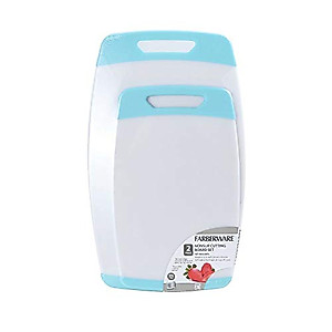 Farberware Nonstick Poly Cutting Board Set, 2-Piece, White with Aqua Trim
