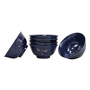 Ebros Gift Made in Japan Blue Tombo Dragonfly Design Ochawan Rice Soup Porcelain Bowls Set of 6 Home Decor Japanese Zen Fusion Asian Living Accent Housewarming Birthday Gifts Bowl Set