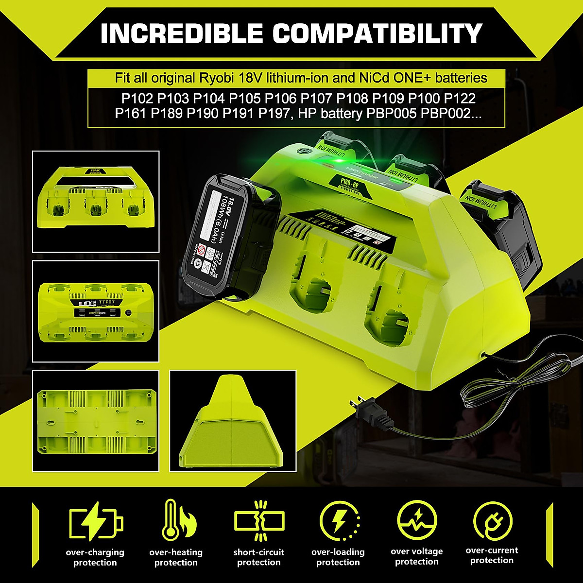 Supowill P135 18V 6-Port Charger for Ryobi 18V Charger,Compatible with Ryobi 18V ONE+ Battery P102 P103 P104 P105 P106 P107 P108 P109 PBP002 PBP003,for Ryobi 18V Battery Charger