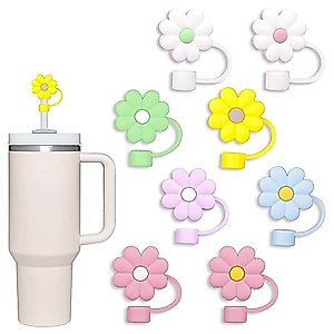 8 Pack Compatible with Stanley 30&40 Oz Tumbler, 10mm Flower Straw Covers Cap, Cute Silicone Straw Covers, Straw Protectors, Various Shapes Soft Silicone Straw Lids for 10mm Straws