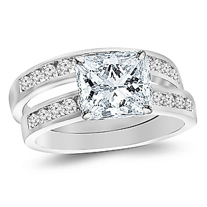 14K White Gold 1.2 CTW Princess Cut Classic Channel Set Wedding Set Bridal Band & Diamond Engagement Ring, D-E Color SI1-SI2 Clarity, 0.5 Ct Center