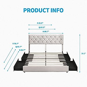 Mjkone Queen Platform Bed Frames with 4 Storage Drawers, Velvet Upholstered Bed Frame Has Adjustable Button Tufted Headboard, No Box Spring Needed/Easy Assembly/No Mattress (Beige, Queen Size)