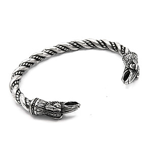 BAVIPOWER Odin Raven Head Twisted Bangle Cuff Stainless Steel Ancient Authentic Scandinavian Accessory