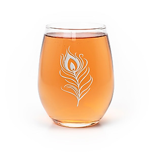 Peacock Feather Stemless Wine Glass - Peacock Gift, Feather Gift, Peacock Wine Glass, Feather Wine Glass