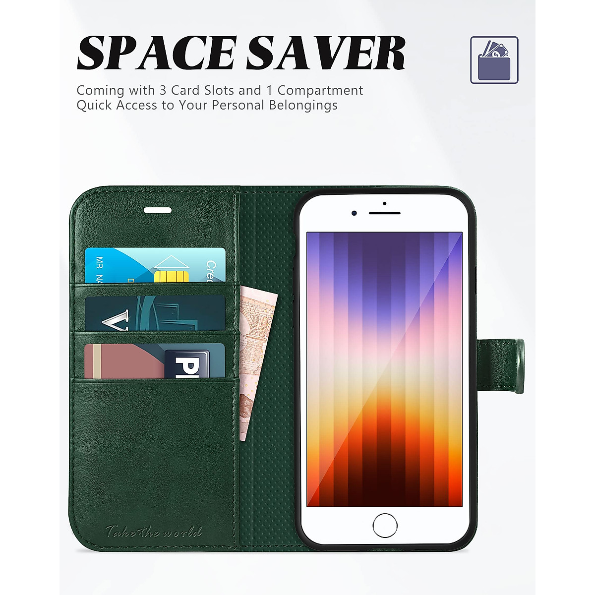 TUCCH Wallet Case for iPhone SE 2022/SE 2020/iPhone 8/7, PU Leather Folio Case with Stand Card Slot Magnetic Closure Flip Cover [TPU Interior Case] Compatible with iPhone SE 3/SE2/8/7, Midnight Green