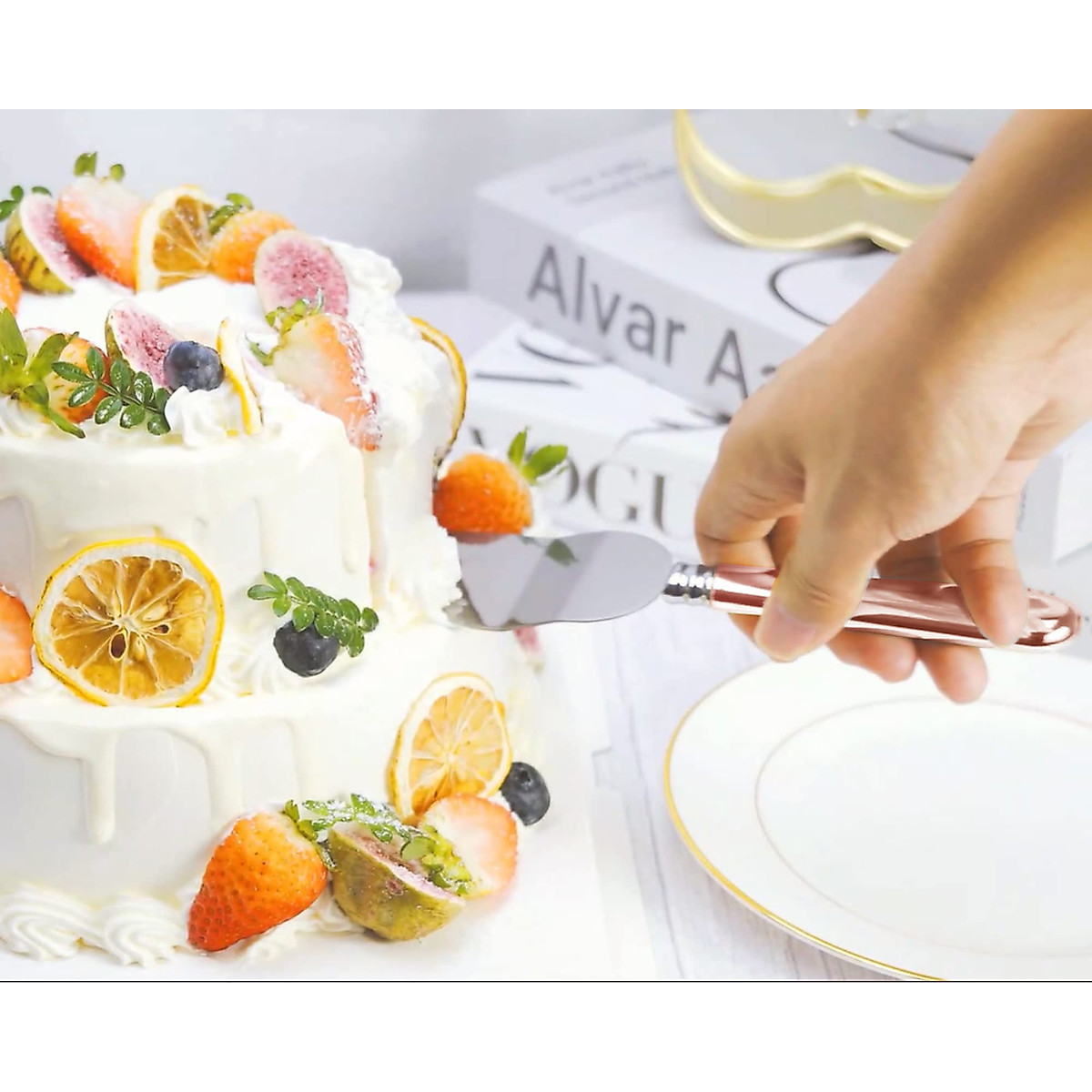 VARLKA Wedding Cake Knife and Server Set, Cake Cutting Set for Wedding Stainless Steel Blade and ABS Rose Gold plated handle Pie Server for Wedding, Birthdays, Anniversary, Parties