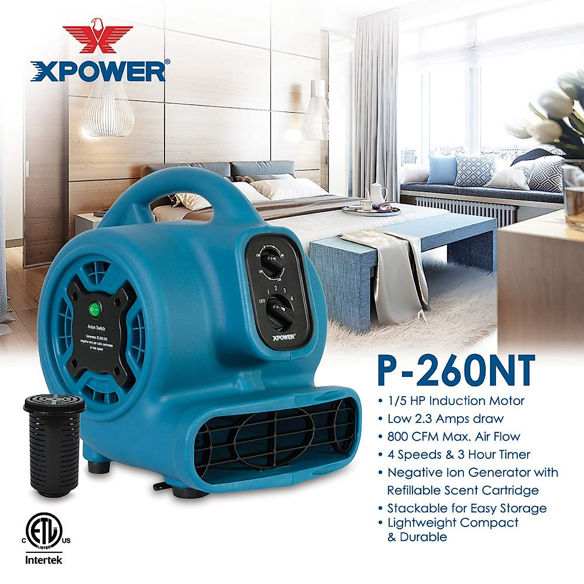 XPOWER P-260NT Freshen Aire Scented Air Mover Scent Diffusing Fan + Ionizer for Immediate Scenting, Cooling, Ventilating, & Drying of Large Areas Blue