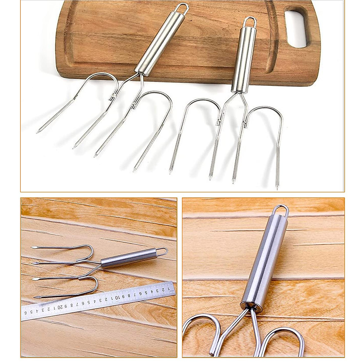 Thanksgiving Turkey & Roast Lifters, Stainless Steel Roaster Forks, Transfer Chicken or Ham Poultry Lifters Easily, Four Needle Meat Fork, Set of 2